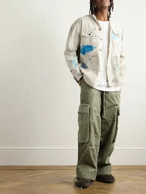 GREG LAUREN Shawl-collar Paint-splattered Cotton-canvas Overshirt