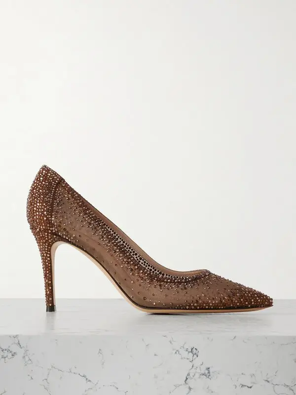 GIANVITO ROSSI Rania 85 Crystal-embellished Organza Pumps - Brown