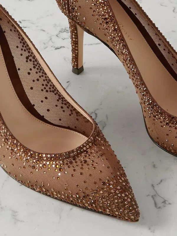 GIANVITO ROSSI Rania 85 Crystal-embellished Organza Pumps - Brown