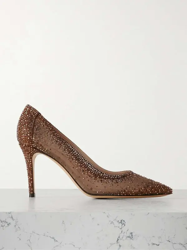 GIANVITO ROSSI Rania 85 Crystal-embellished Organza Pumps - Brown