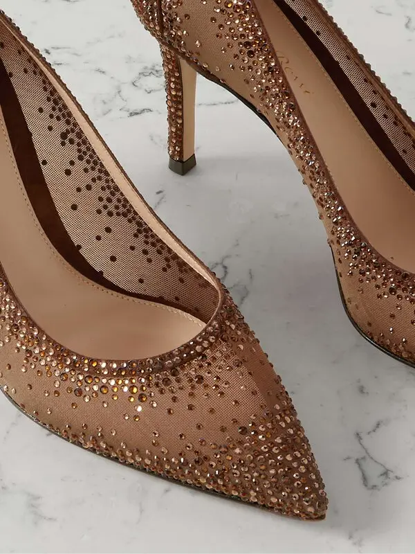 GIANVITO ROSSI Rania 85 Crystal-embellished Organza Pumps - Brown