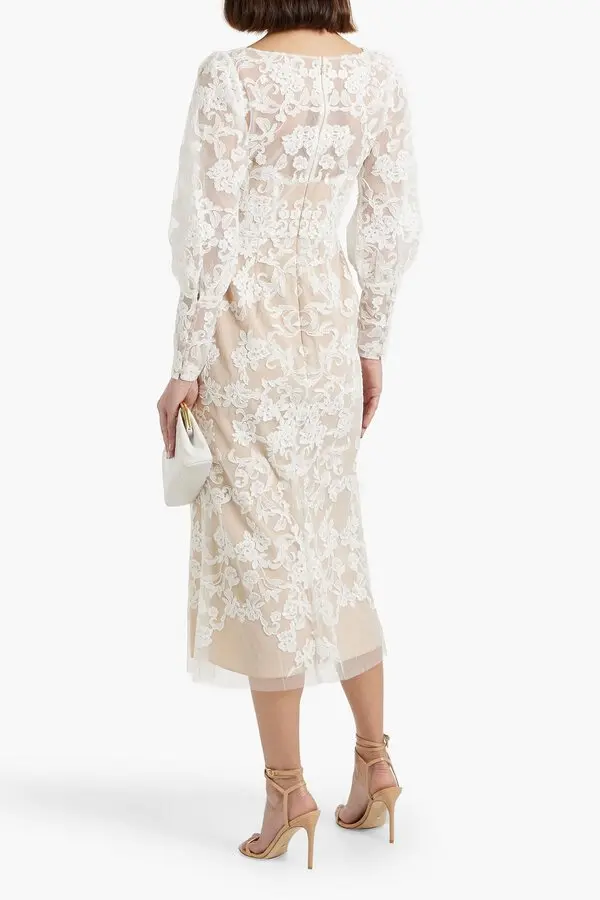 Marchesa Floral-AppliquD Corded Lace Midi Dress In White - 50% Off |  Editorialist