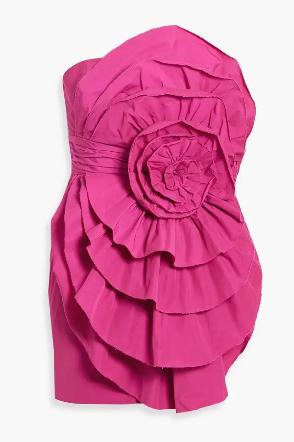 Marchesa Strapless Floral-appliquéd Ruffled Taffeta Mini Dress - Fuchsia