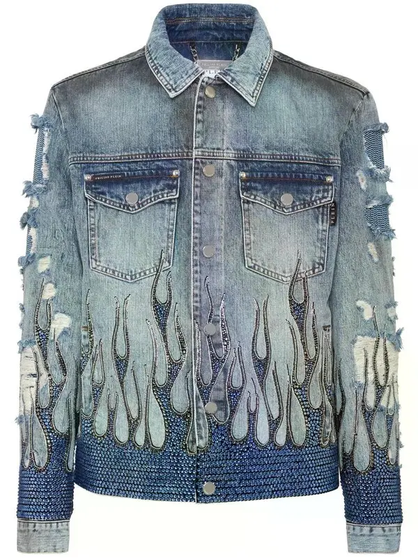 Philipp Plein Strass Flame Denim Jacket - Grey