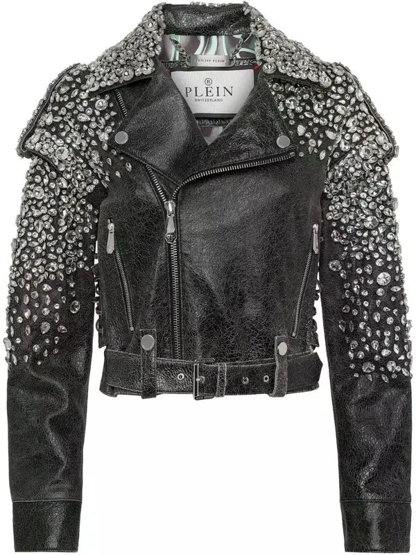 Philipp Plein Leather Cropped Biker Jacket - Black