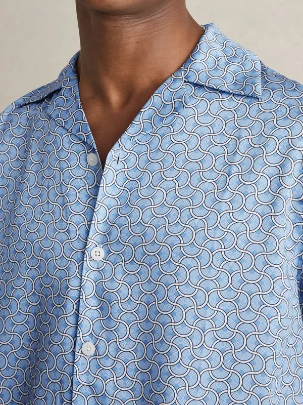 REISS Barella Geometric Wave Print Cuban Shirt