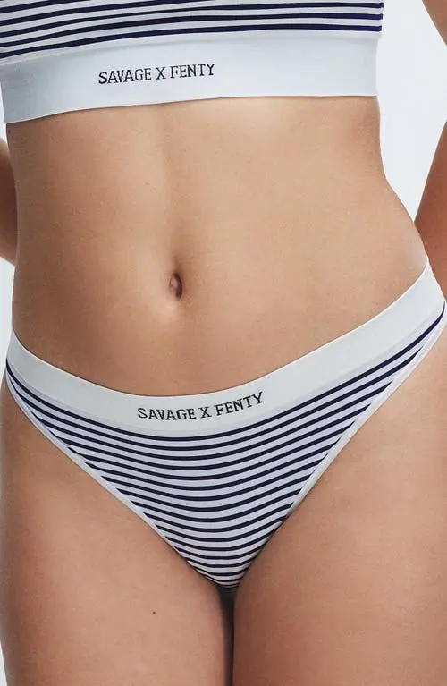 SAVAGE X FENTY Seamless Stripe Thong - Hazy White/ Dark Stormy Blue