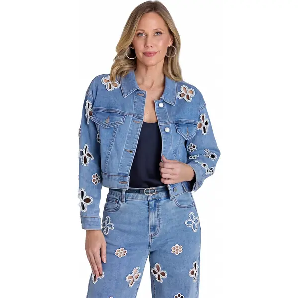 THE NOLI SHOP Kaia Pearl Embellished Cropped Denim Jacket - Medium Blue