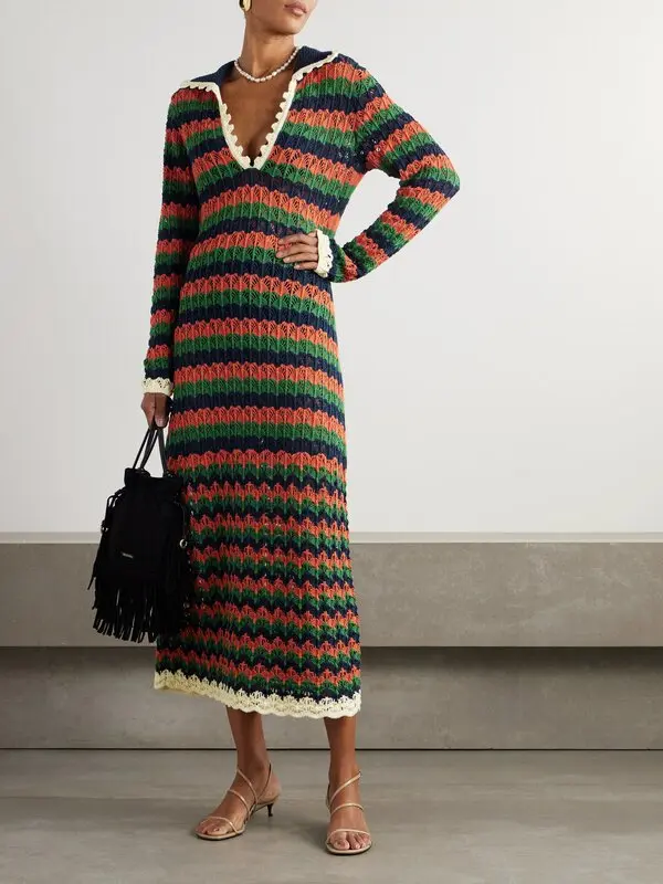 La DoubleJ Perry Scalloped Striped Midi Dress