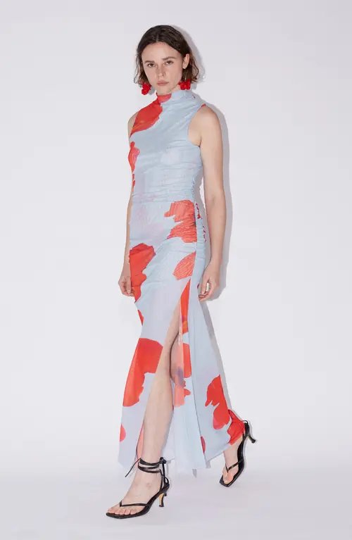 SAEMDI Floral Printed Mesh Dress - Light Blue Floral