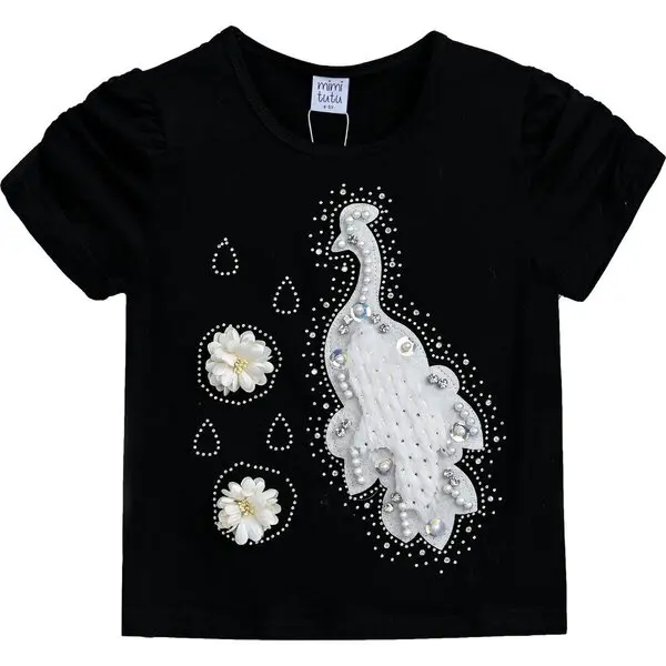 MIMI TUTU Peacock Applique T-shirt - Black