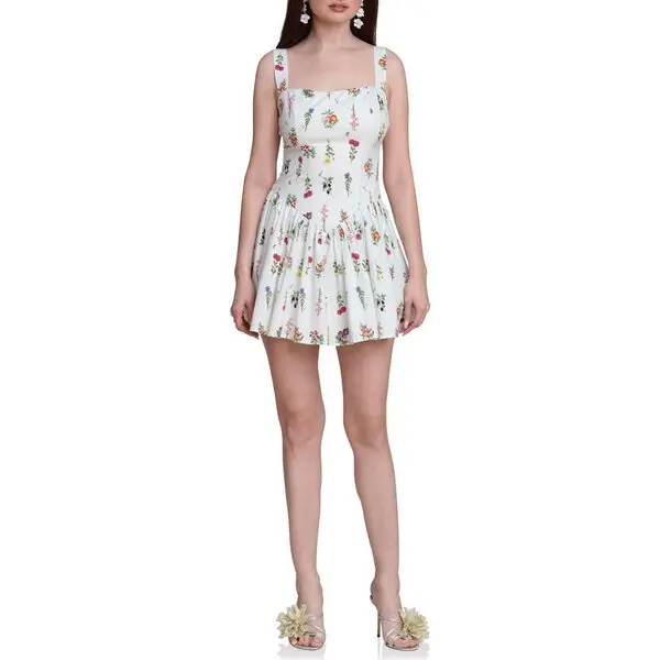 Avec Les Filles Lemon Print Stretch Cotton Minidress - Cream Botanical