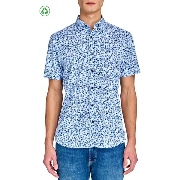 CON.STRUCT Slim Fit Blueberry Floral Recycled 4-way Stretch Performance Short Sleeve Shirt - White/navy
