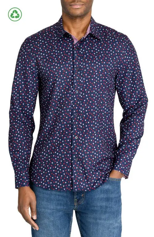 CON.STRUCT Slim Fit Mini Hearts Recycled 4-way Stretch Performance Long Sleeve Shirt - Navy/red