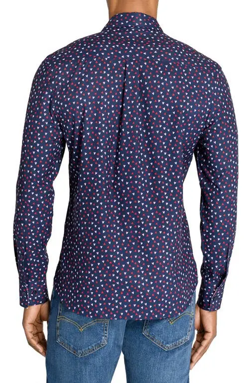 CON.STRUCT Slim Fit Mini Hearts Recycled 4-way Stretch Performance Long Sleeve Shirt - Navy/red