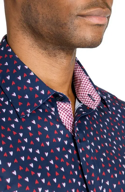 CON.STRUCT Slim Fit Mini Hearts Recycled 4-way Stretch Performance Long Sleeve Shirt - Navy/red
