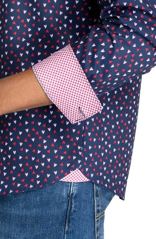 CON.STRUCT Slim Fit Mini Hearts Recycled 4-way Stretch Performance Long Sleeve Shirt - Navy/red
