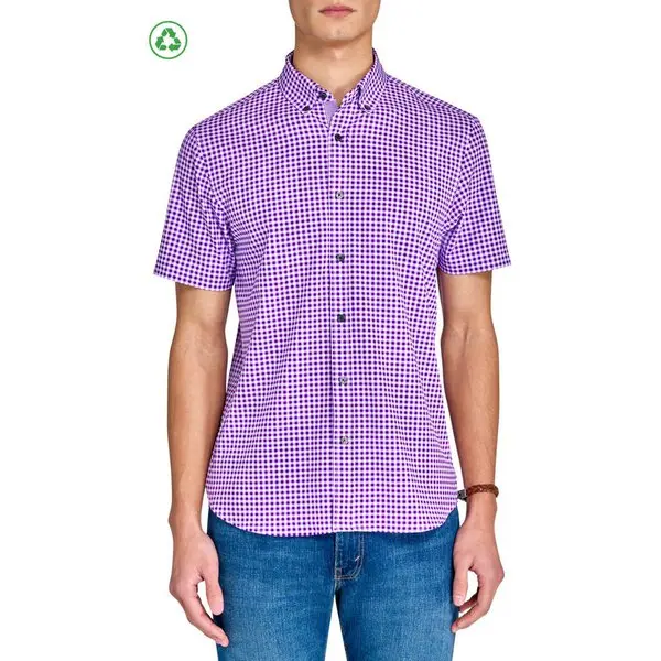 CON.STRUCT Slim Fit Mini Check Recycled 4-way Stretch Performance Short Sleeve Shirt - Lilac
