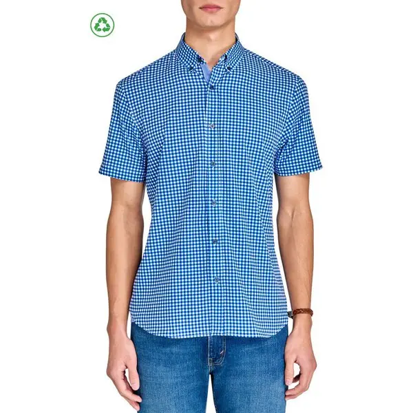CON.STRUCT Slim Fit Mini Check Recycled 4-way Stretch Performance Short Sleeve Shirt - Navy
