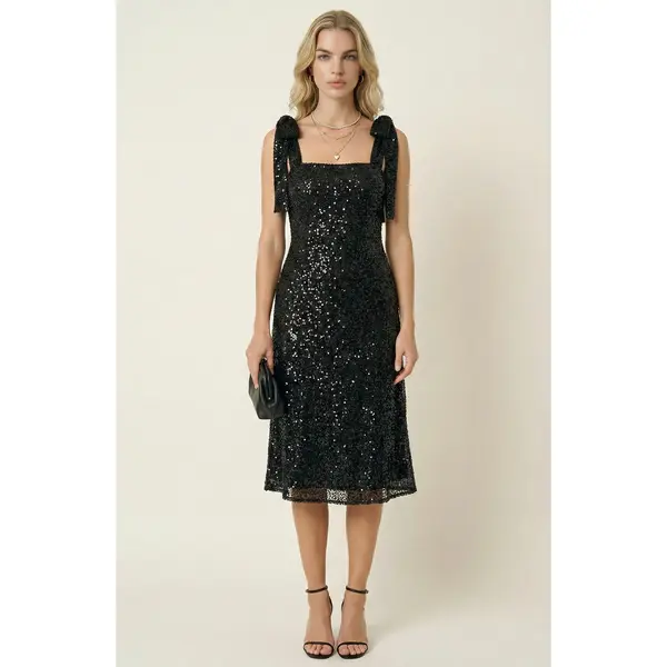 MODENAIRE Sequin Midi Dress With Tie Straps - Black Sequin