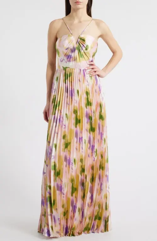 Lulus Cassia Floral Pleated Satin Gown