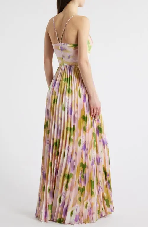 Lulus Cassia Floral Pleated Satin Gown