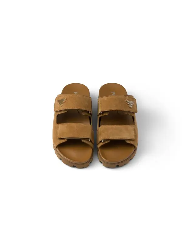 Prada Suede Band Sandals With Enamel Logo - Brown
