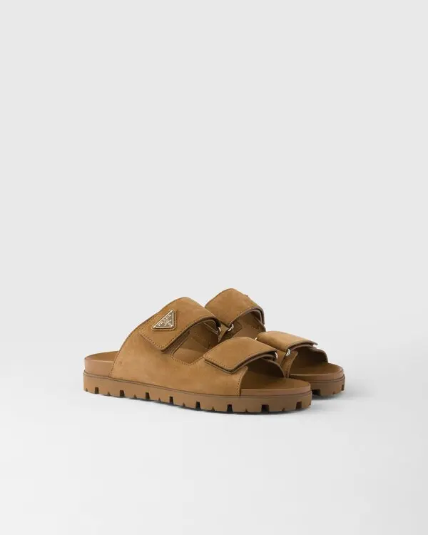 Prada Suede Band Sandals With Enamel Logo
