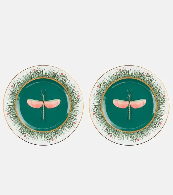 La DoubleJ Libellula Set Of 2 Porcelain Dinner Plates - Green