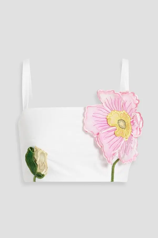 Oscar De La Renta Cropped Floral Appliquéd Top - White