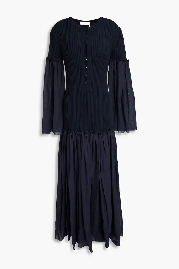 Chlo Gauze-Paneled Ribbed Linen And Silk-Blend Maxi Dress In Navy - 50%  Off | Editorialist