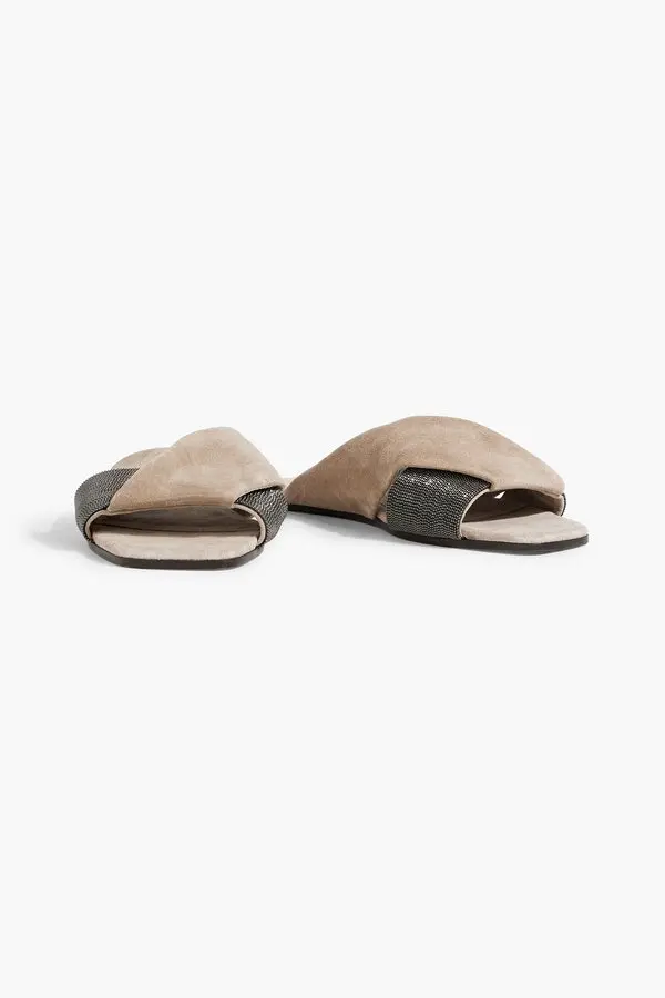Brunello Cucinelli Bead-embellished Suede Sandals - Mushroom