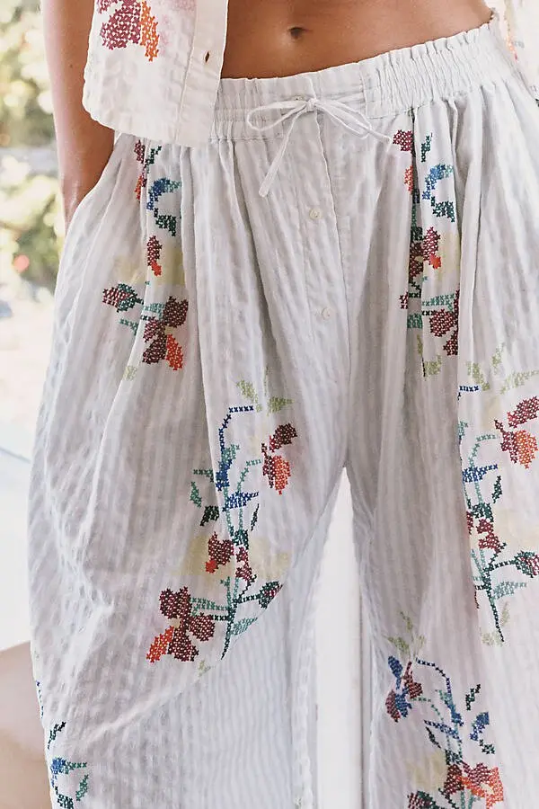 Anthropologie Seersucker Wide-leg Barrel Lounge Pants