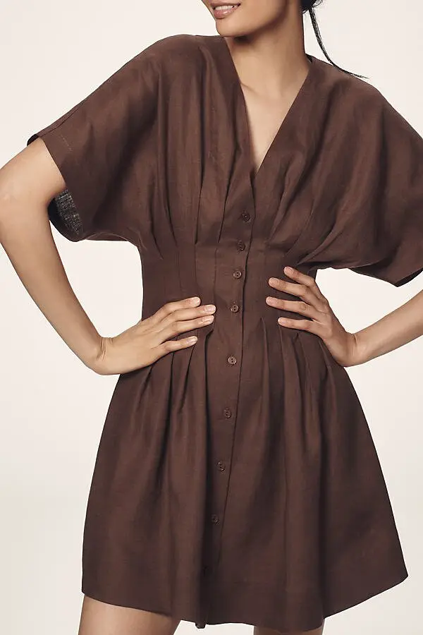 the tobie linen pleated mini shirt dress by exquise Exquise Dresses