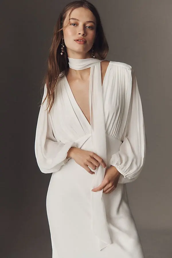Shona Joy Lira Balloon-Sleeve Plunge V-Neck Maxi Dress - White |  Editorialist