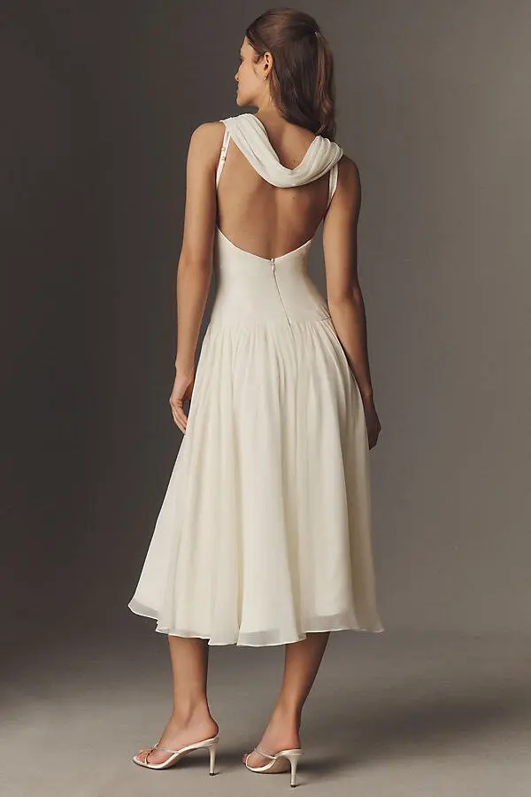Mirror Palais Silk Chiffon Midi Dress With Cowl Neck - Beige | Editorialist