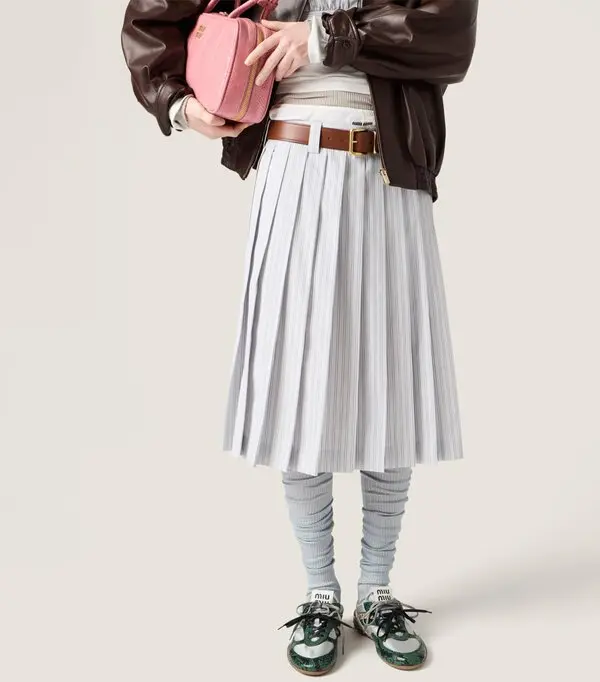 Miu Miu Cotton Pinstriped Pleated Midi Skirt