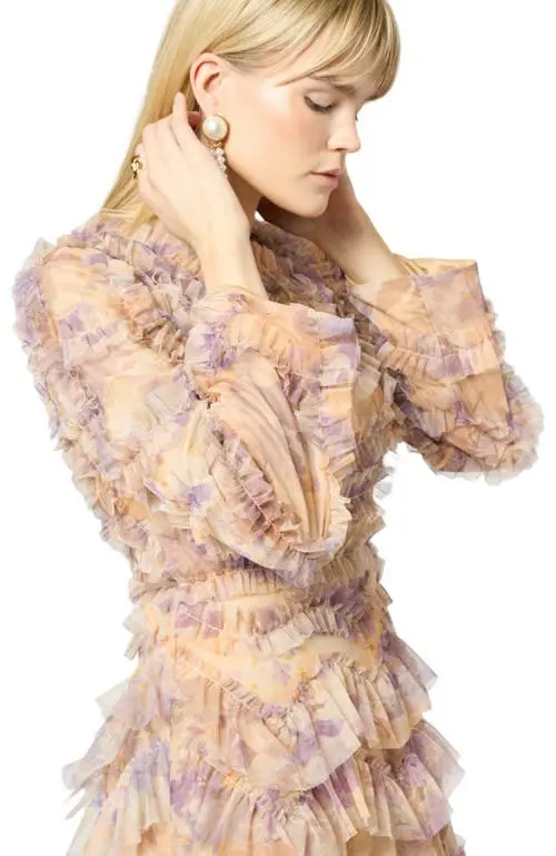 MARYISA Occasion Modest Ruffle Floral Print Evening Dress