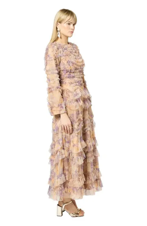 MARYISA Occasion Modest Ruffle Floral Print Evening Dress