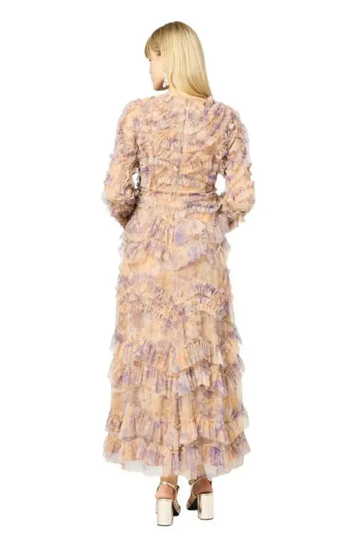 MARYISA Occasion Modest Ruffle Floral Print Evening Dress