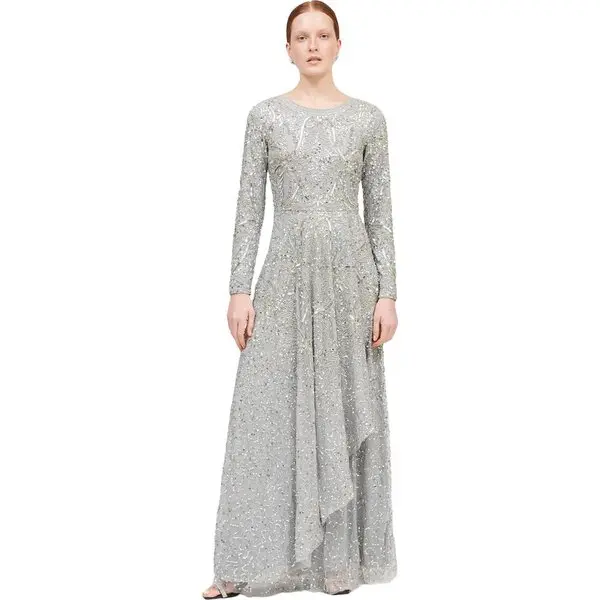 MARYISA Occasion Modest Embellished Sequin Beaded Floral Overlap Evening Gown - Light Grey