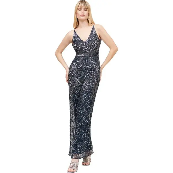 BEAUUT Embellished Sequin Beaded V Neck Gown