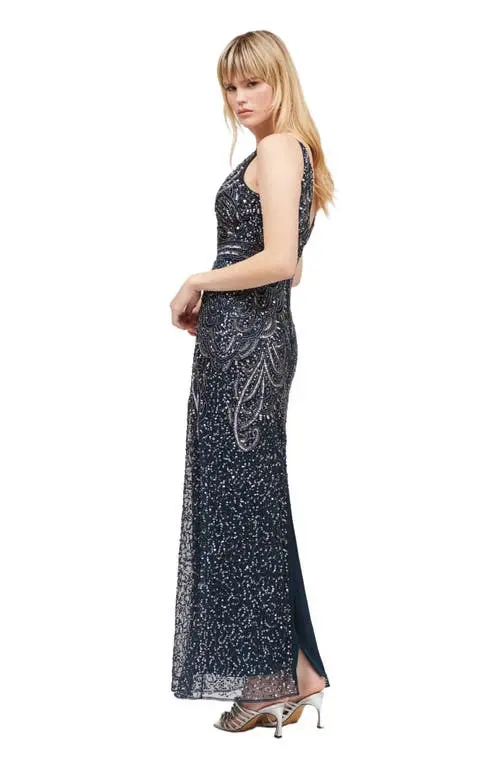 BEAUUT Embellished Sequin Beaded V Neck Gown