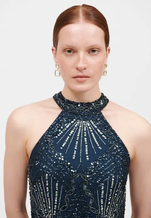 BEAUUT Occasion Embellished Sequin Beaded Halter Neck Maxi Dress - Navy