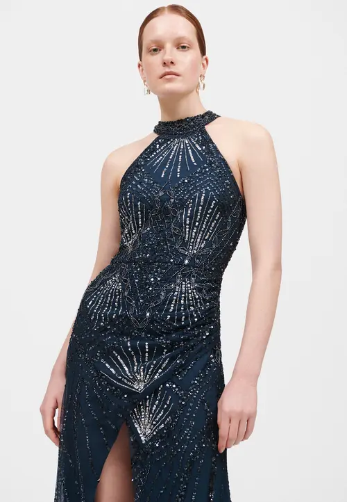 BEAUUT Occasion Embellished Sequin Beaded Halter Neck Maxi Dress - Navy