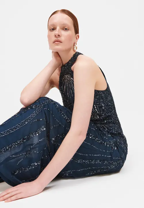 BEAUUT Occasion Embellished Sequin Beaded Halter Neck Maxi Dress - Navy