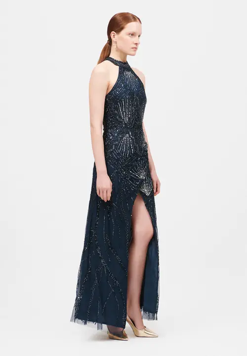 BEAUUT Occasion Embellished Sequin Beaded Halter Neck Maxi Dress - Navy