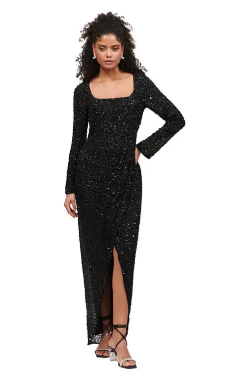 BEAUUT Embellished Sequin Beaded Maxi Dress With Wrap Bottom