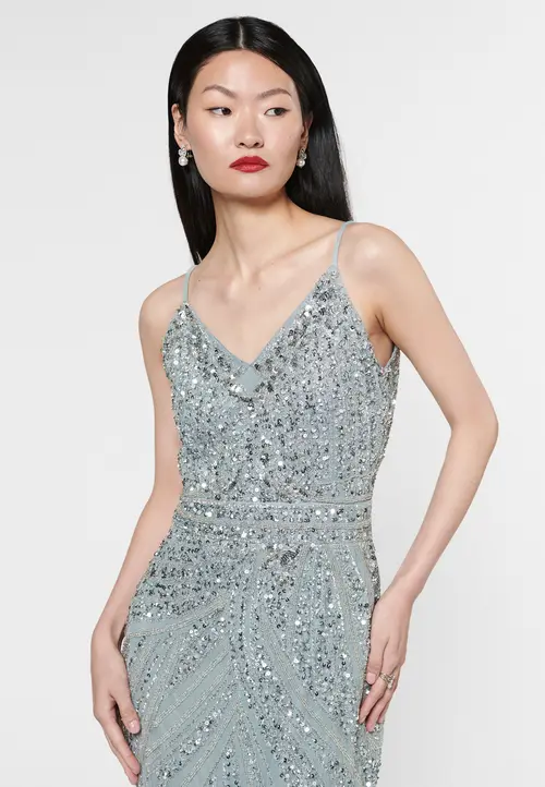 BEAUUT Occasion Embellished Sequin Beaded Strap Evening Dress - Misty Grey