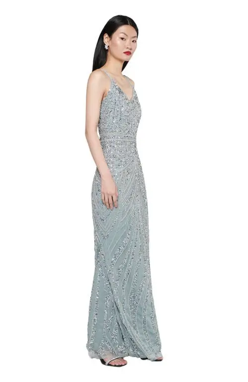 BEAUUT Occasion Embellished Sequin Beaded Strap Evening Dress - Misty Grey